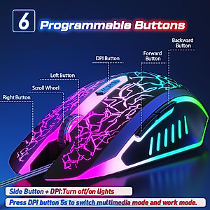 VersionTECH. Wired Gaming Mouse, Computer Mouse Ergonomic Mice with 7 LED Lights RGB Backlit, 6 Programmable Buttons, 4 Adjustable DPI for Laptop PC Gamer Desktop Chromebook Mac Games-Black