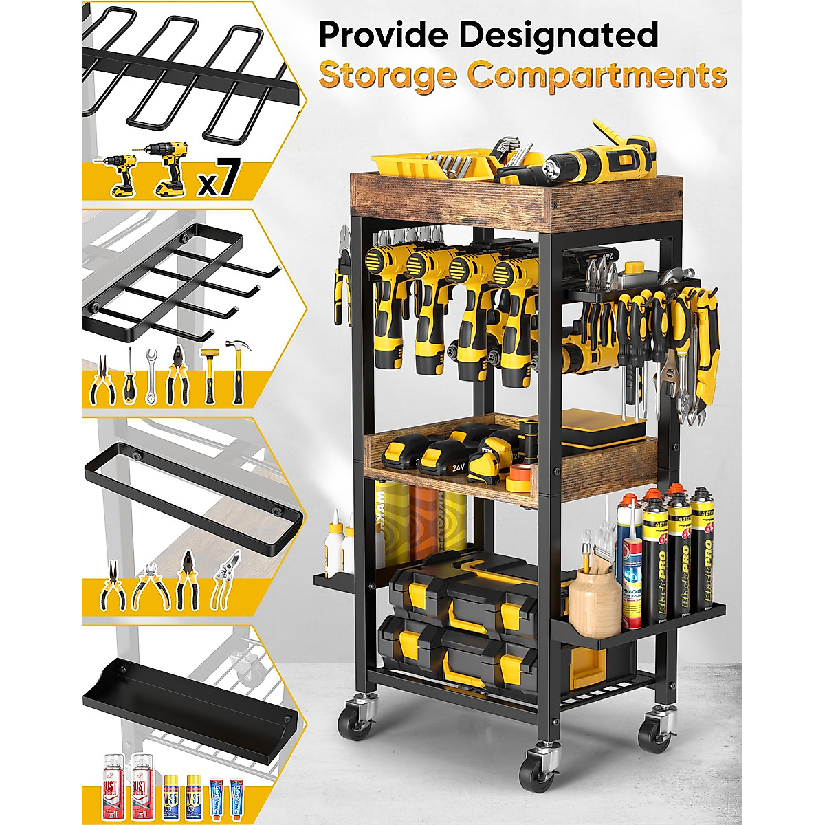 POKIPO Power Tool Cart, Heavy Duty Garage Shelving with Wheels, Movable Tool Box Cart Chest Organizer for Mechanic and Man Gift, Cordless Tool Storage for Garage and Garden