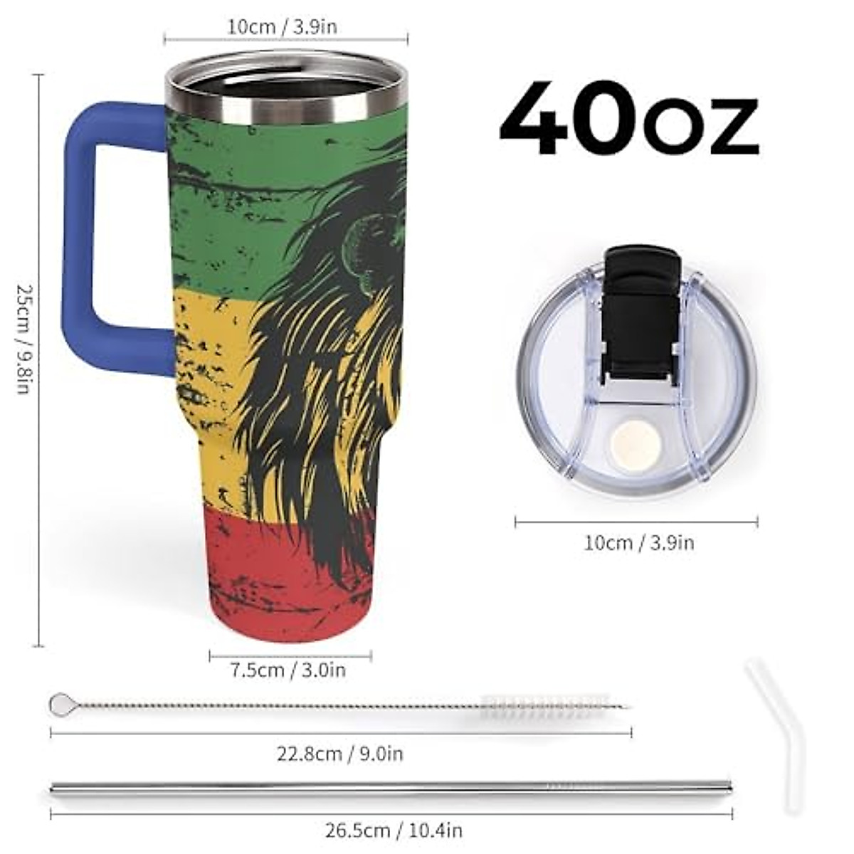 Lion Reggae Jamaica 40 Oz Tumbler Insulated Stainless Steel Water Bottle Travel Mug Car Cup with Handle And Straw