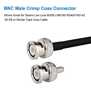 MOOKEERF 10 Pack 50 Ohm BNC Male Crimp Connector,BNC/Q9 Connector for RG58/RG142/RG400/LMR195/KSR195/3D-FB Cable