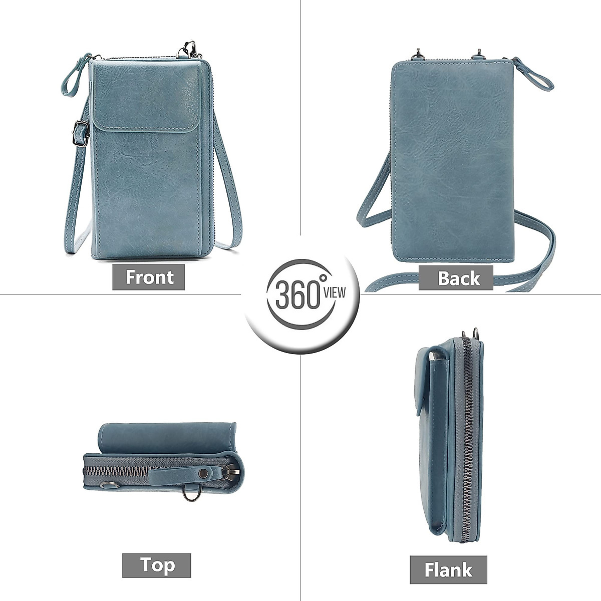 PU Leather Crossbody Purse - Blue, Small, Cell Phone Wallet with Strap, Credit Card Holder