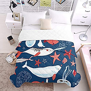 Cool Summer Bedspread Quilt Submarine Fauna Narwhal Sea Star Jellyfish All-Season Comforter Duvet Insert or Stand-Alone Comforter, Comfortable Air Conditioning Bed/Sofa Blanket for Adults Kids 82x85in
