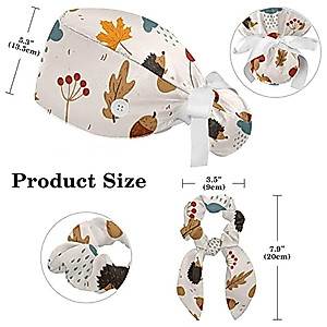 Hedgehogs Acorns Maple Leaves Mushroom Adjustable Working Cap with Buttons/Bow Hair Scrunchy with Sweatband Washable