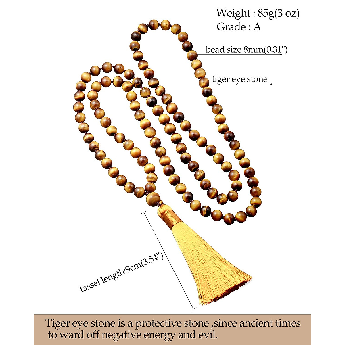 Jewever 108 Mala Beads Wrap Bracelet Necklace for Women Men Healing Gemstone Prayer Charm For Yoga Meditation Jewelry (8mm Yellow Tiger Eye)