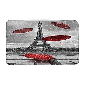 XZMAN Paris Bath Mat Vintage Eiffel Tower Red Umbrella France Romantic City Landscape Black White Modern Art Bathroom Rug Decor,Bedroom Kitchen Toilet Rug,Soft Memory Foam Non Slip Backing,20x31 Inch