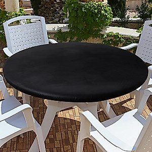 Smiry Round Table Cloth Cover, Elastic Fitted Flannel Backed Vinyl Tablecloths for 36"-44" Round Tables, Waterproof Wipeable Table Covers for Indoor, Outdoor, Picnic and Camping, Black