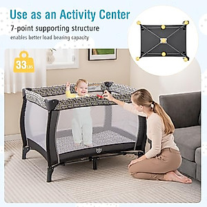 BABY JOY 4 in 1 Pack and Play, Portable Baby Playard with Bassinet, Adjustable Canopy, Changing Table, Lockable Wheels, Glowing Music Box, Travel Baby Crib Bassinet Bed from Newborn to Toddler Grey