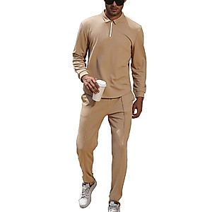FZNHQL Men's Golf Polo Suits Stylish Athletic Tracksuits Two Piece Casual Long Sleeve Jogging Gym Sweat Suits Outfit for Men Workout Sports Set Khaki Brown XL