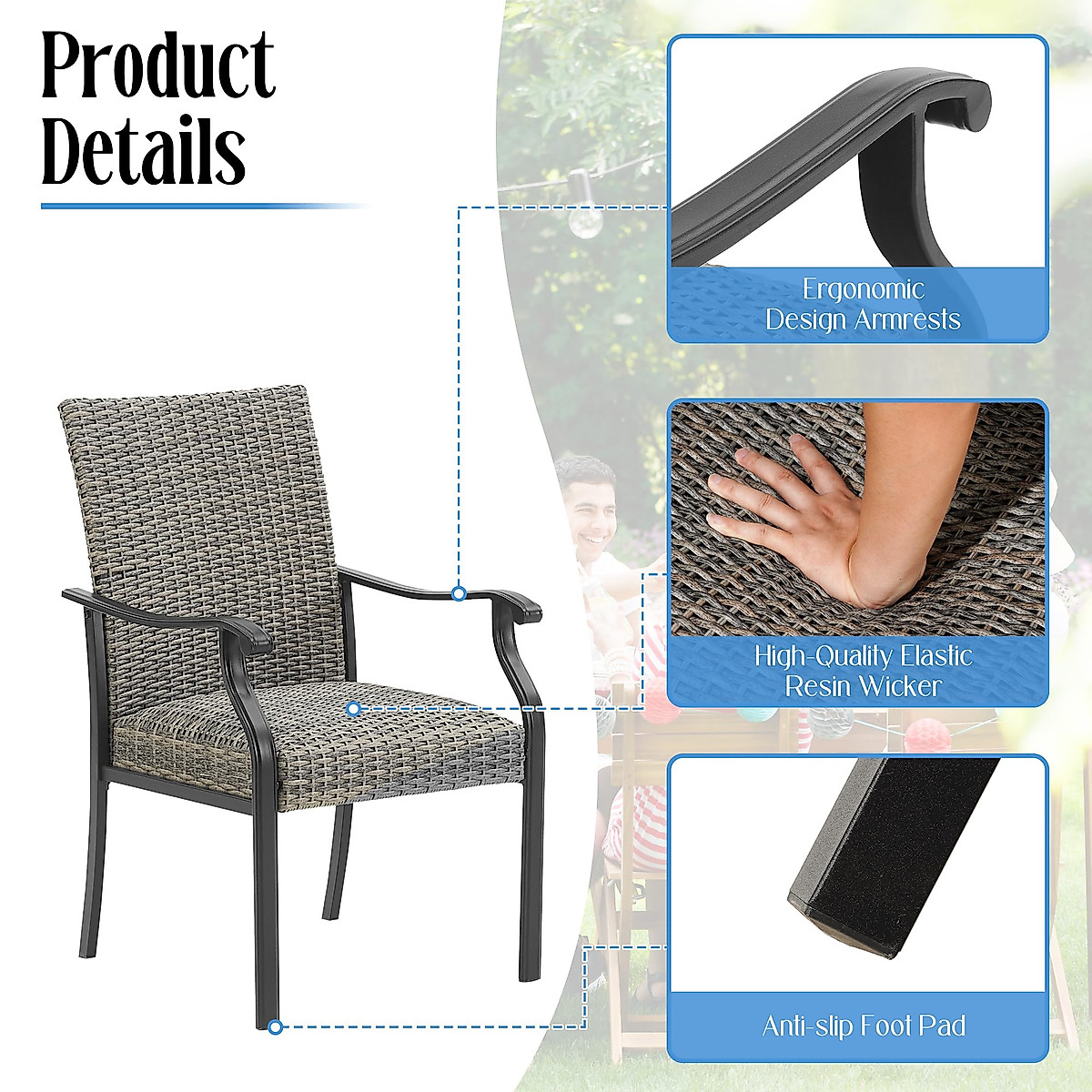 PATIO TREE 2 PCS Patio Dining Chairs Outdoor Quick Dry Foam Padded Rattan Chairs