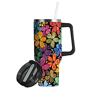 Yasala Car Tumbler with Handle Rainbow Flower Travel Mug Coffee Cup Insulated Beverage Container Mega Cup for Hot Cold Drinking Thermos Water Bottle Cupholder Friendly 40 oz