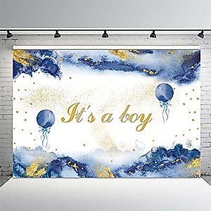 MEHOFOND 7x5ft Royal Blue Watercolor Baby Shower Backdrop for Boys Oh Baby Blue Watercolor Clouds Gold Glitter Baby Shower Photography Background It's A Boy Party Banner Photoshoot Props