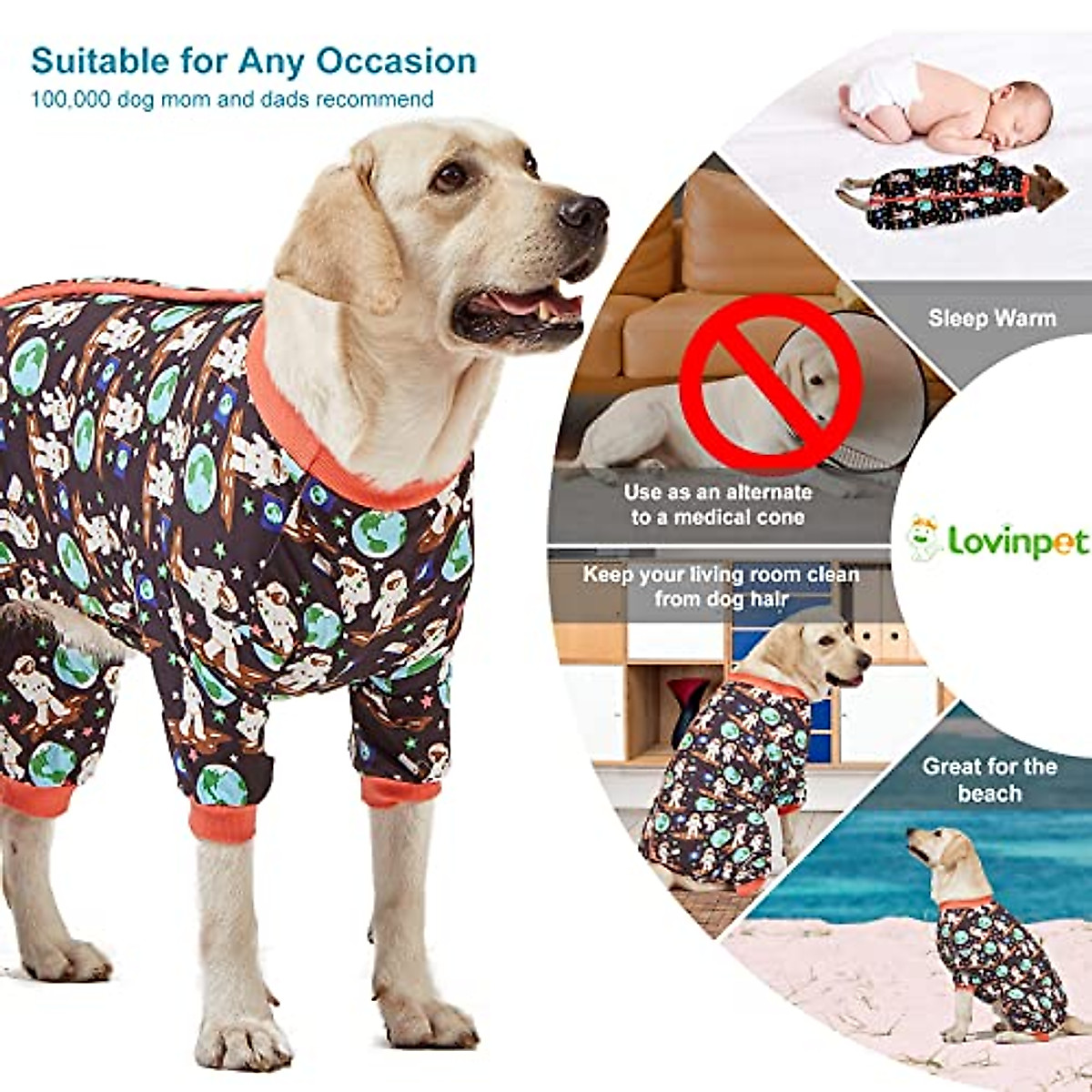 LovinPet Dog Shirt/Dog Onesie XL/Dog Sun Shield Shirt/Space Astronauts Black Print/Lightweight Pullover, Large Puppy PJ's/Full Coverage Dog PJ's/XL
