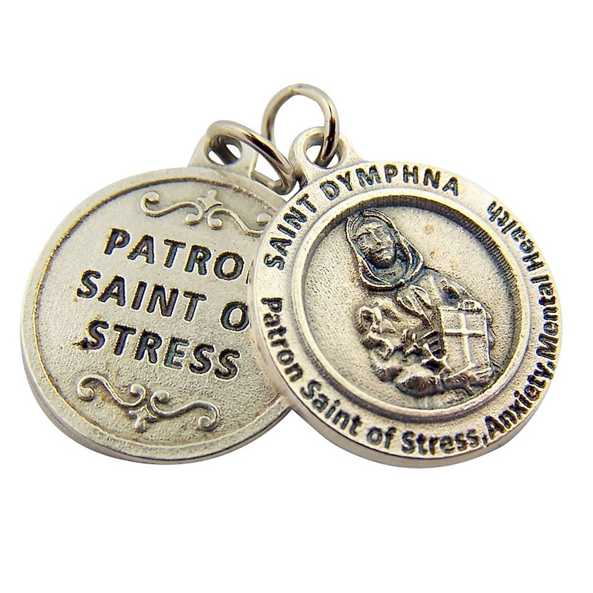 Silver Toned Base Patron of Stress Saint Dymphna Medal Pendant, 3/4 Inch