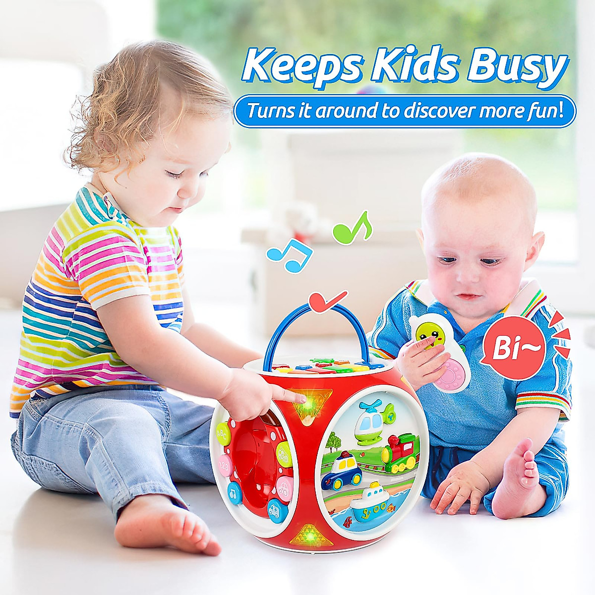 BAOLI Toddler Activity Cube, 6 in 1 Busy Learning Shape Sorter Toy with Music Keyboard, Gear, Sound & Light, Early Educational Toy Birthday Gifts for Baby Toddlers Children Boys Girls Age 1-3