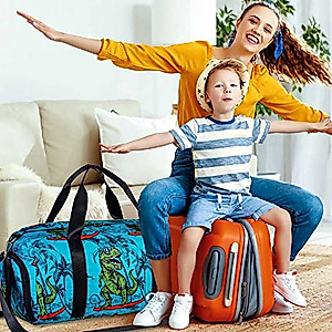 Kids Duffle Bag for Travel, Boys Gym Duffel Bags with Shoe Compartment Little Kid Weekender Overnight Bag Sleepover, Blue Dinosaur