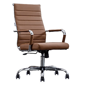 BOWTHY Home Office Chair Ribbed, Modern Leather Conference Room Chairs, Ergonomic Office Desk Chair, High Back Executive Computer Chair, Adjustable Swivel Chair with Arms (Brown)