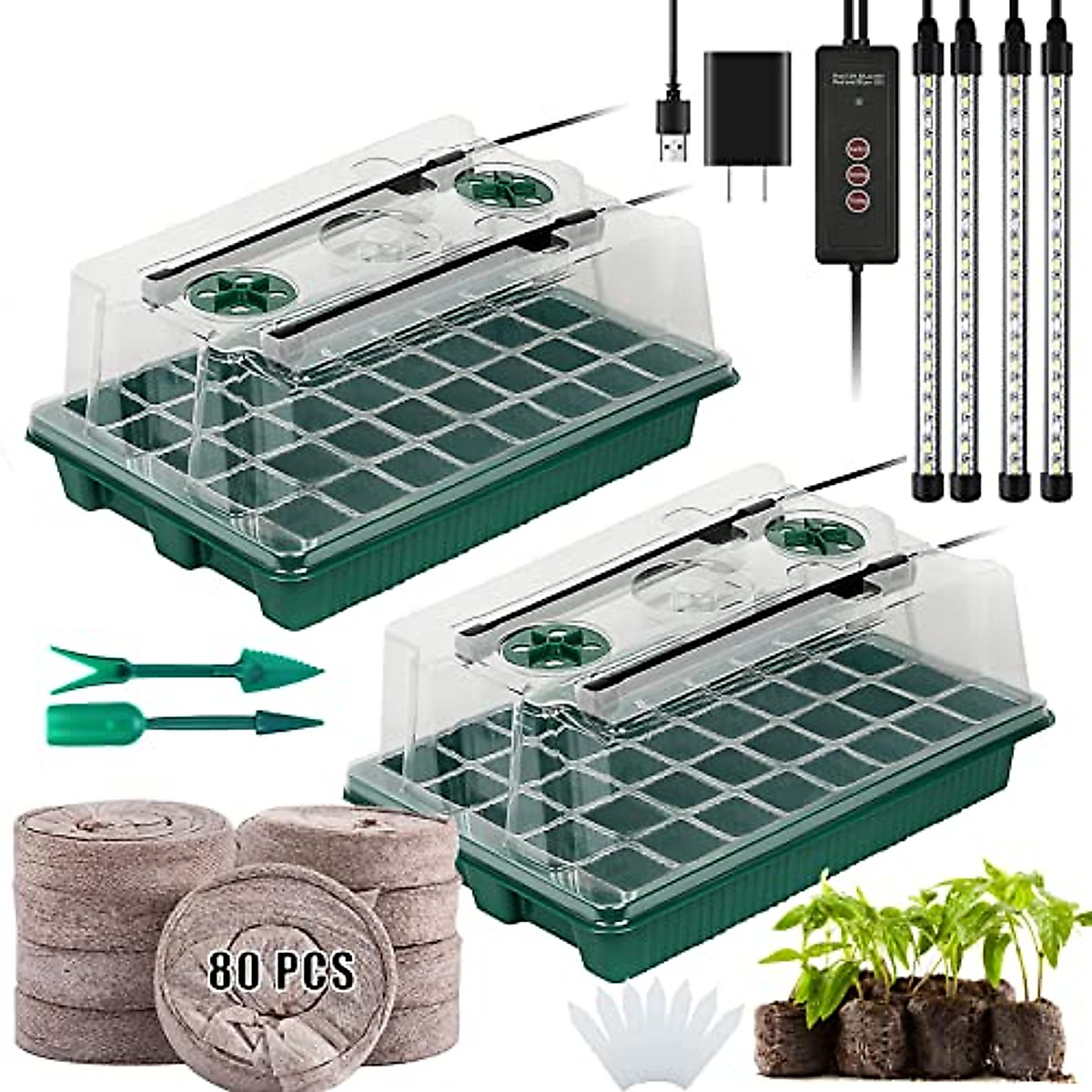 LCYATSI 2 Set 80-Cell Seed Starter Kit with Grow Light and 80pcs Peat Pellet Humidity Dome (80 Cells Total Tray) Seed Starting Trays, Base Large Greenhouse Germination Kit for Seeds Growing Starting