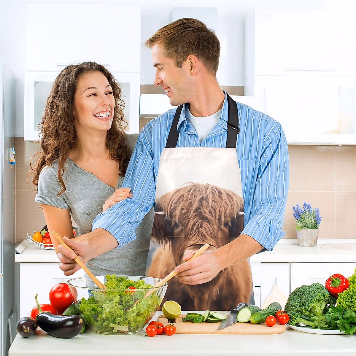 Kigai Kitchen Apron Set of 5 - with 2 Pack Oven Mitt & 2 Pack Heat Insulation Pad Kitchen for Everyday Kitchen Cooking and Baking - Highland Cow