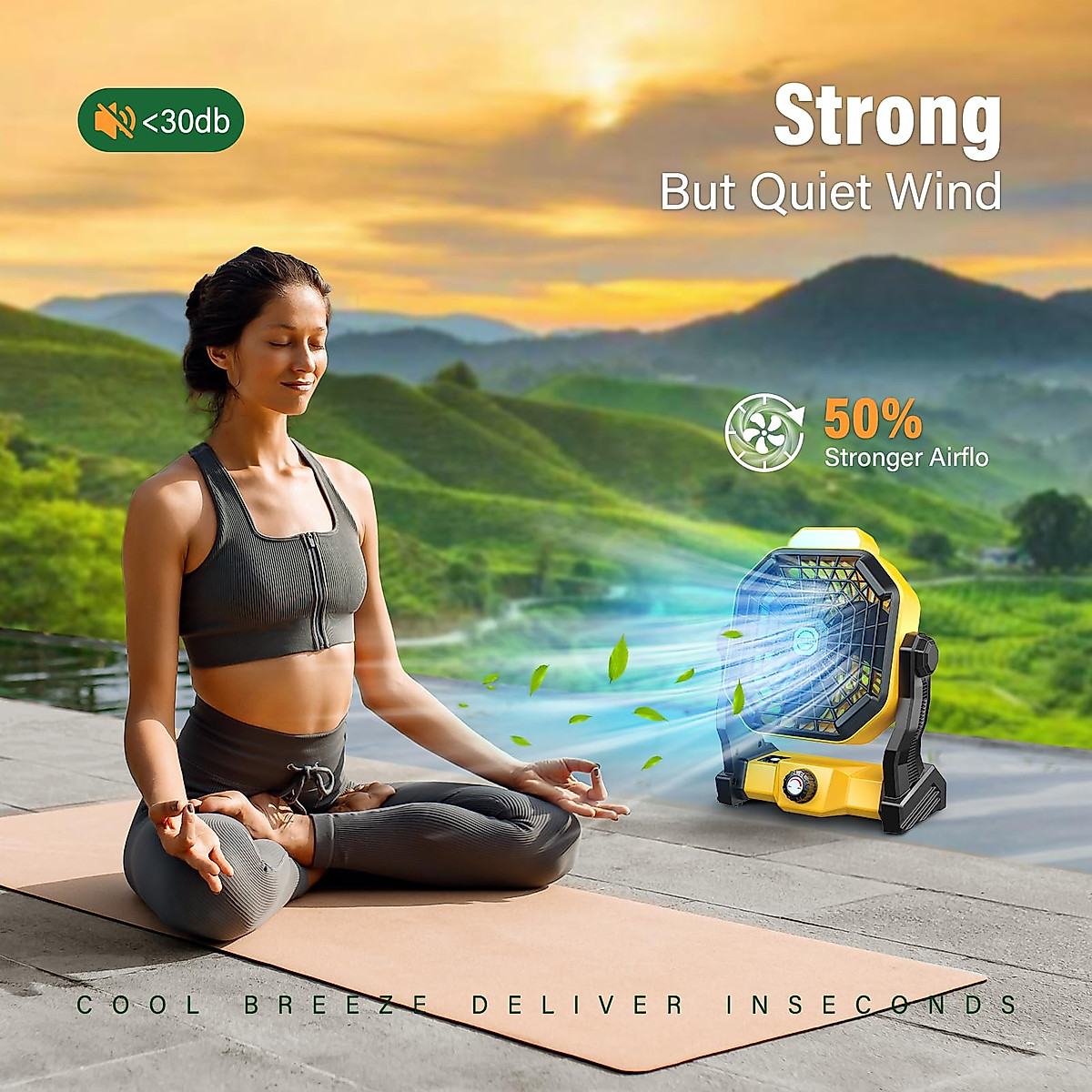 10400mAh Solar fan, Camping Fan with Solar Panel, 7W Rechargeable Solar Powered Fan for Outside, LED Lantern, Stepless Speed and Quiet Battery Operated Tent Fan for Picnic, Barbecue, Fishing, Travel