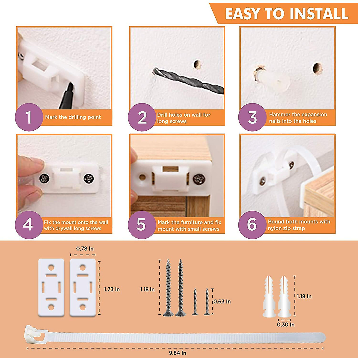 KareKlub Furniture Anchors and Straps (Pack of 6) for Dresser, Bookcase, Shelves and Earthquake Resistant Anti Tip Safety for Child, Pet and Baby Proofing