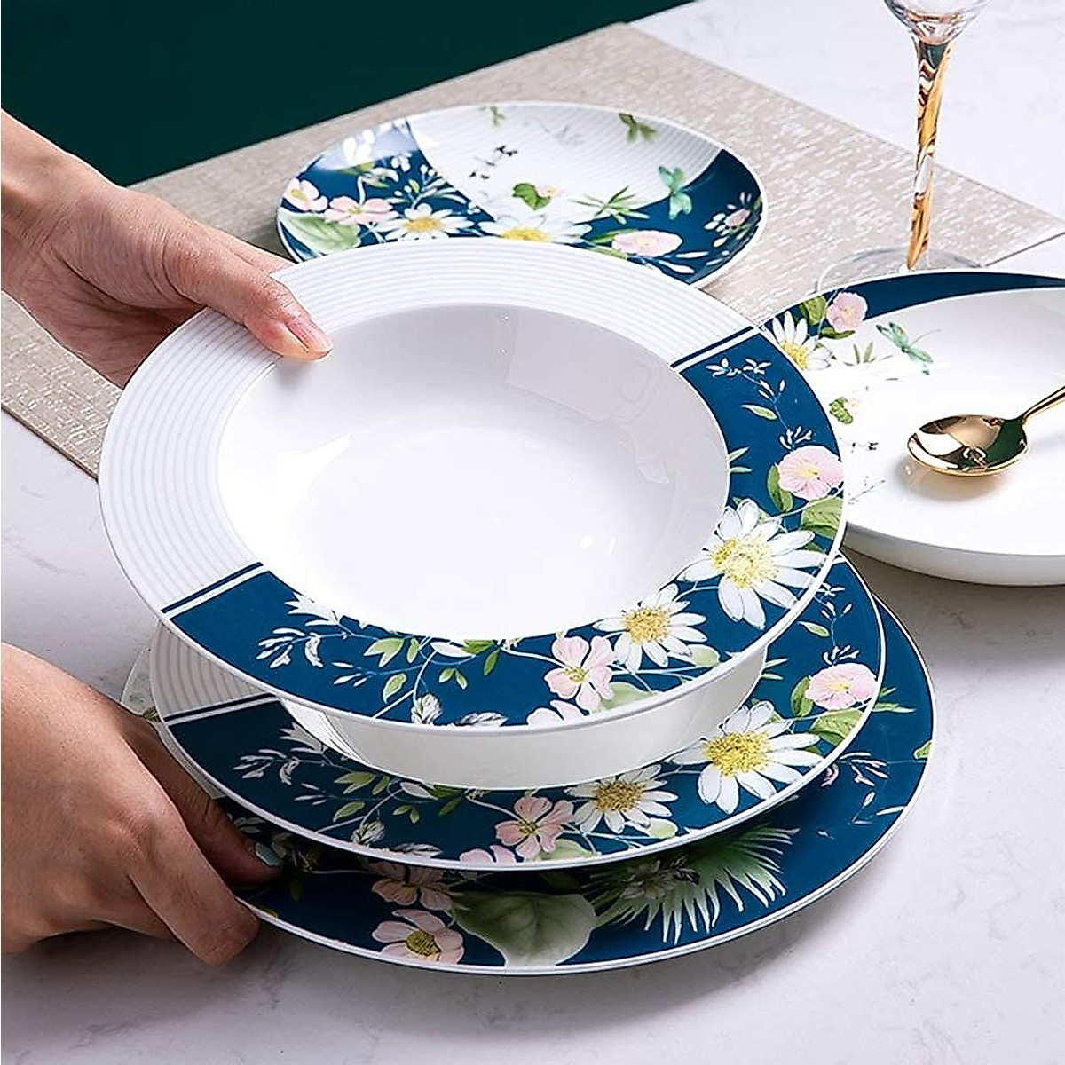 AB-Grade Porcelain Plate and Bowl Set,Ceramics Dinner Sets 46 Pieces Ceramics Dinner Sets,Bowl/Dish/Soup Pot/Spoon|Dinnerware Set Simple Floral Pattern Combination Tableware Set-Compatible with Gift