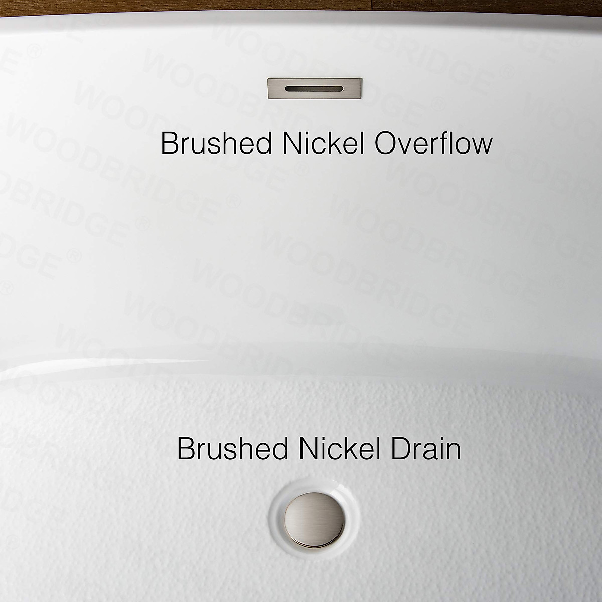 WOODBRIDGE 59" Acrylic Freestanding Bathtub Contemporary Soaking Tub with Brushed Nickel Overflow and Drain B0014B,White