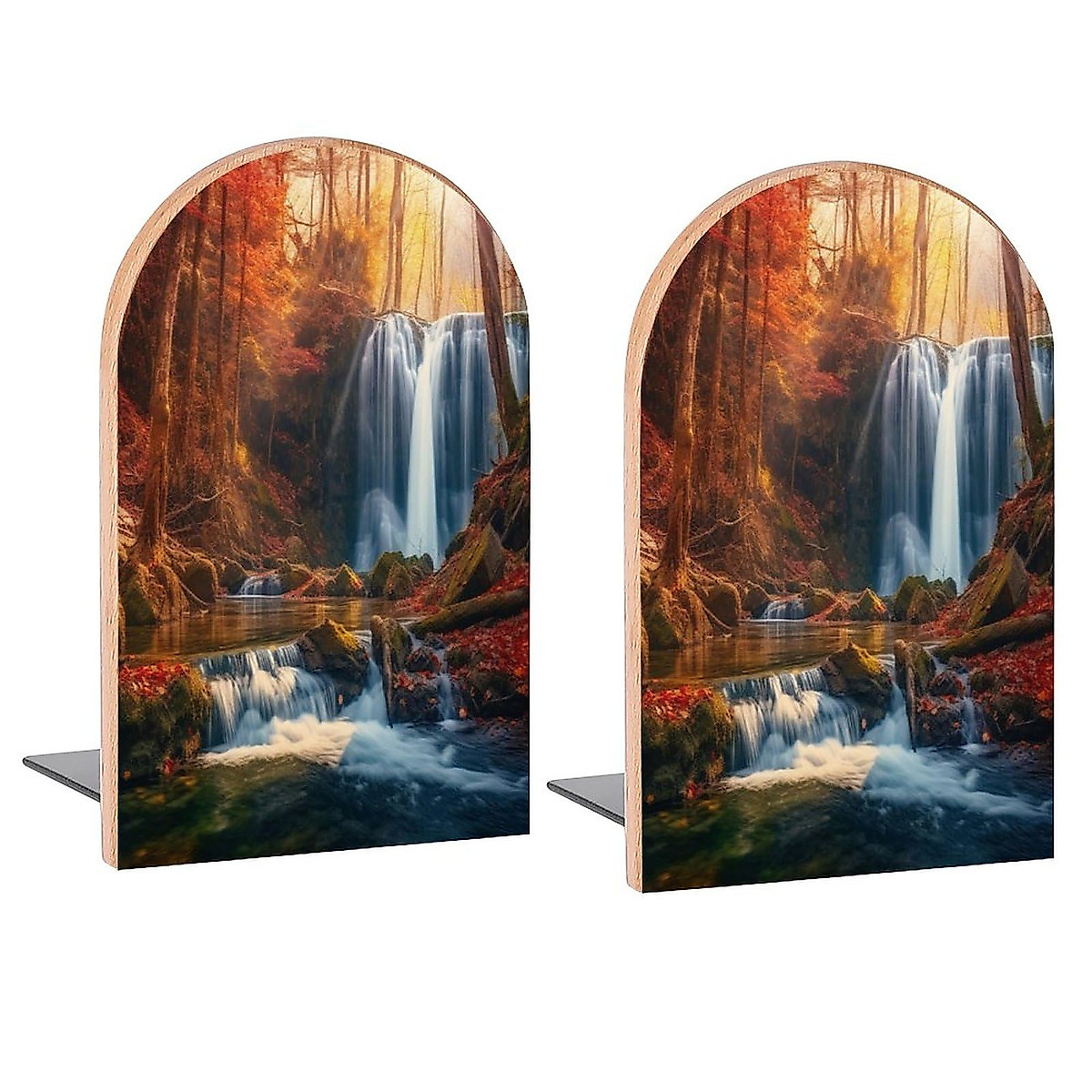 Autumn Waterfall Tree Book Ends Decorative Wood Bookends for Shelves Kids Room Desk Home Office Book Stoppers for Magazines,Books, DVDs, 1 Pair/2 Pieces(5x3.1 in)