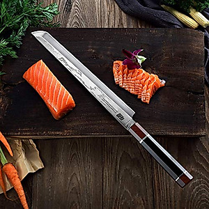 FINDKING Prestige Series Sakimaru Knife with Walnut Cover, Japanese SKD11 Damascus Steel Blade, Ebony Wood Octagonal Handle, Professional Sashimi Sushi Fish Knife (10.5 Inches, with Wooden Gift Box)