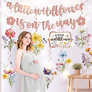 Cocomigo Wildflower Baby Shower Decorations Banner Hanging Swirls, 17pcs Floral Baby Shower Decorations for A Little Wildflower is on Her Way Baby Shower, Flower Baby Shower Decorations Rose Gold