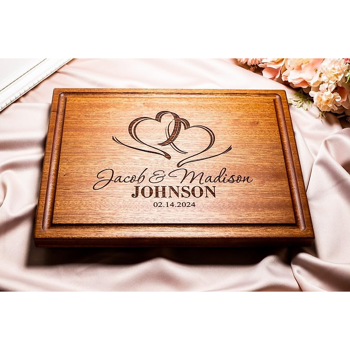 Personalized Cutting Board, Custom Wedding, Anniversary or Housewarming Gift Idea, Wood Engraved Charcuterie, for Newlyweds and Couples, Two Hearts Design 027