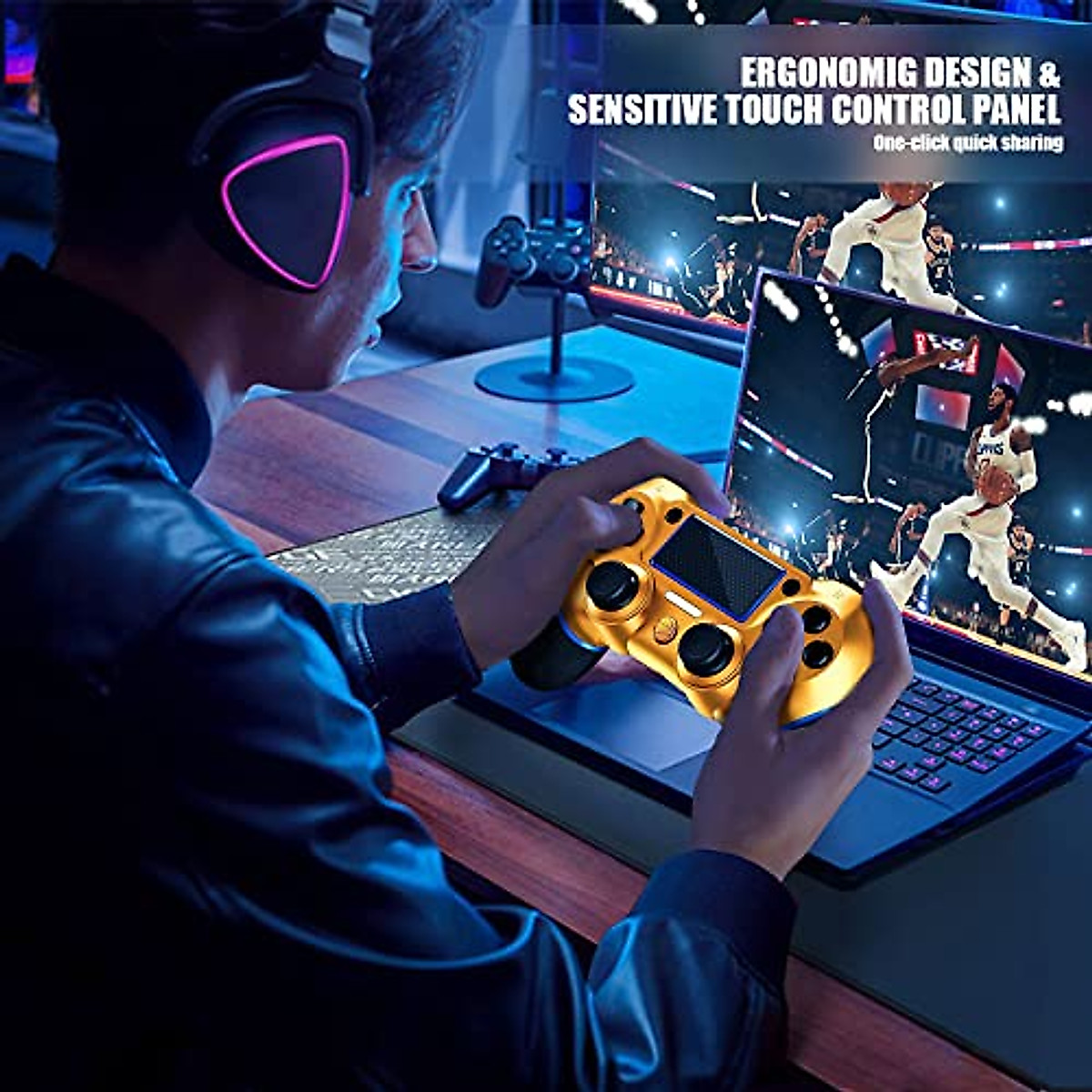 AceGamer Wireless Controller for PS4, Custom Basketball Design V2 Gamepad Joystick for PS4 with Non-Slip Grip of Both Sides and 3.5mm Audio Jack! Thumb Caps Included! (Dark-Gold Basketball)
