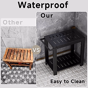 XEENEW Metals Shower Benches with Storage Shelf, 15in Shower Stool for Inside Shower Waterproof, Shower Foot Rest for Shaving Legs, Matte Black Shower Chair