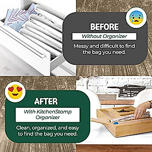KitchenStamp Ziplock Bag Organizer for Drawer (2023), 6 in 1 Foil and Plastic Wrap Organizer, Compatible with Ziplock, Glad, and Hefty Bags & 12" Aluminum Foil and Plastic Rolls (18.5 x 14.2 x 3.0)