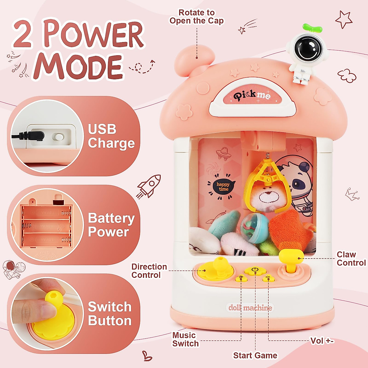 Dulsaera Claw Machine Kids, Mini Candy Machine Vending Arcade Game Toys Girls 3 4 5 6 7 Year Old, Grabber Prize Dispenser Toy w/ 35 Plush Toys Perfect Christmas & Birthday Gifts Ages 8-12 Pink