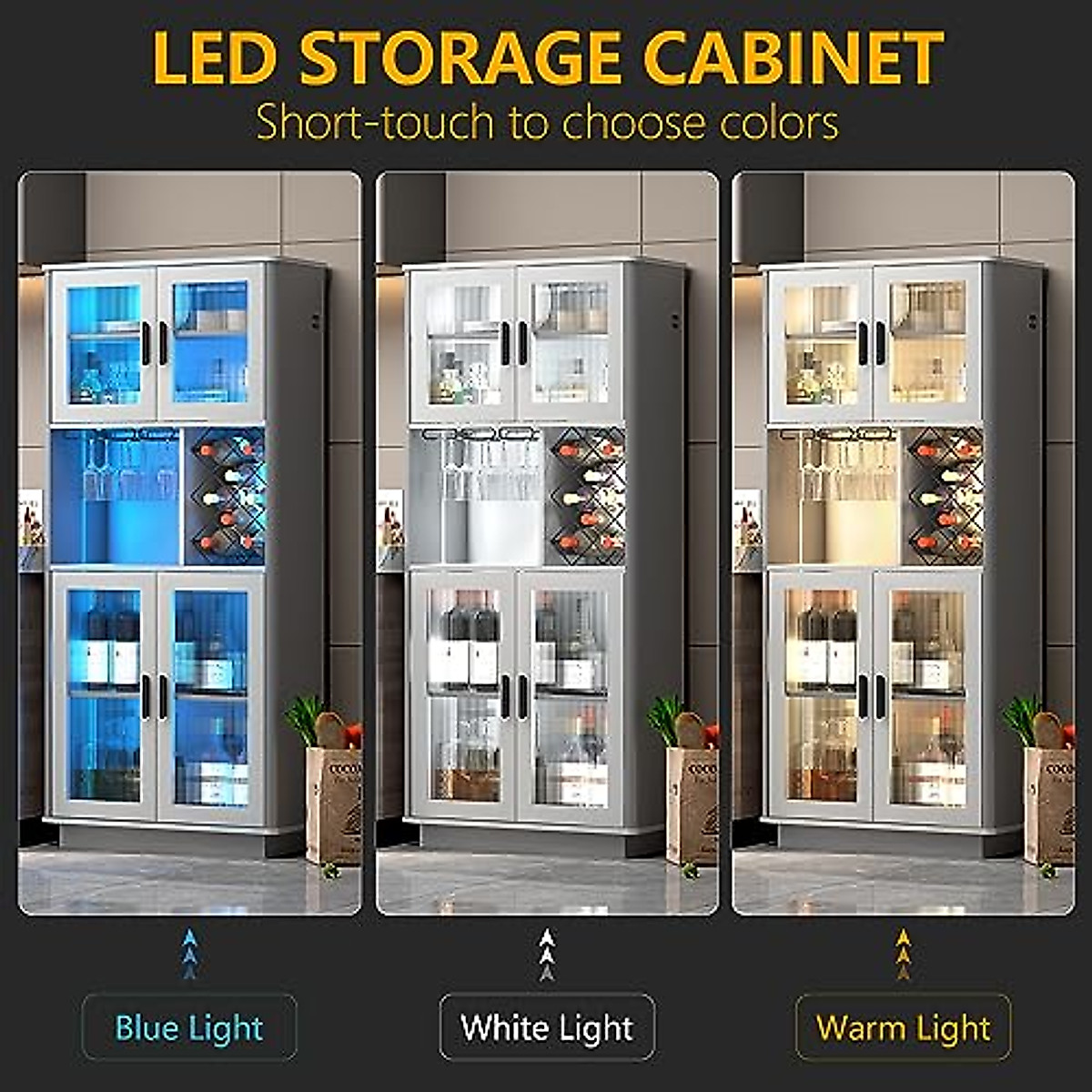 LVSOMT LED Wine Bar Cabinets with Removable Wine Rack, Bar Cabinets for Liquor with Light Motion Sensor, Kitchen Cabinet Storage for Dinning Room, Living Room (Dark Grey + Light Grey)