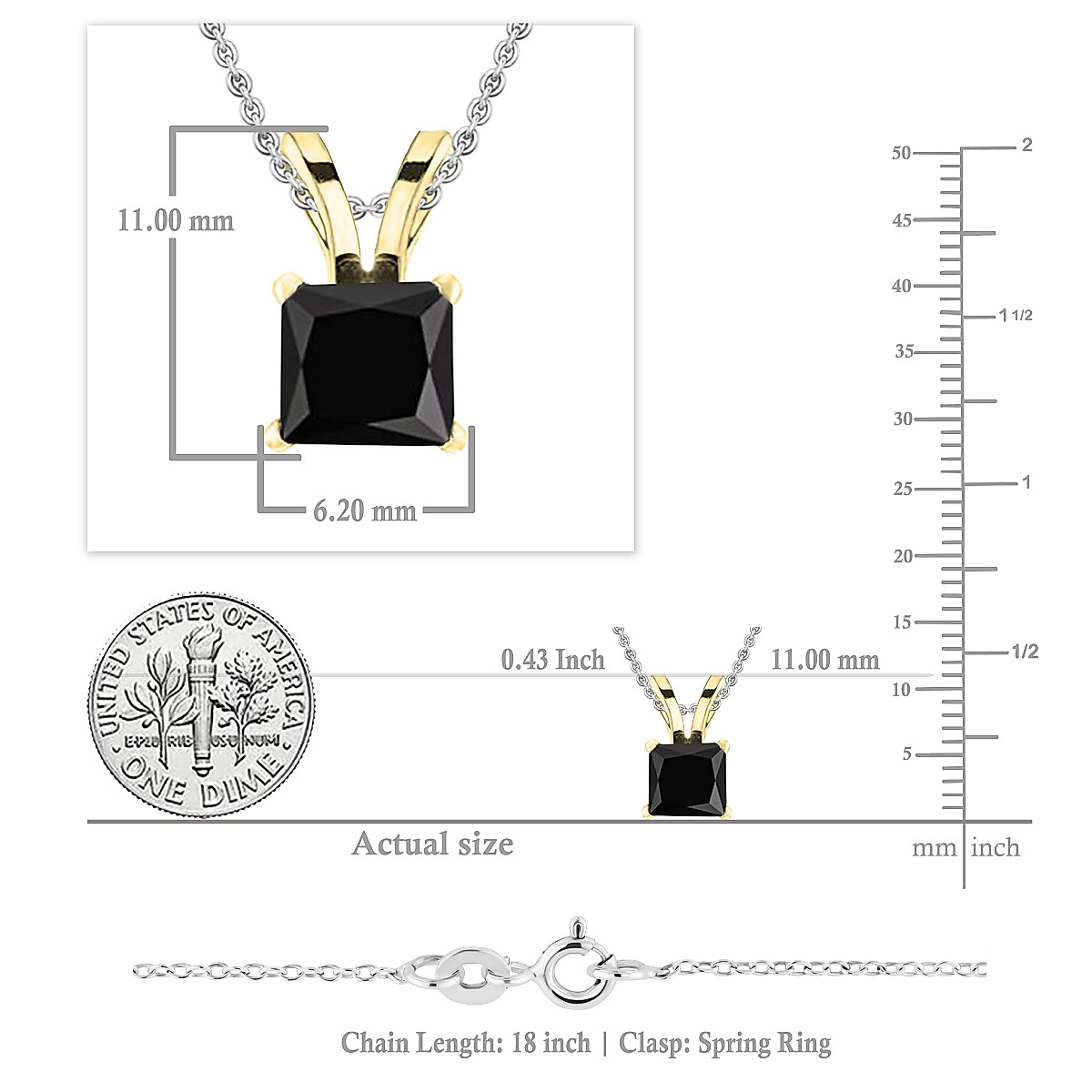 Dazzlingrock Collection 1.00 Carat (ctw) Princess Black Diamond Solitaire Pendant With 18 Inch Chain With Silver Chain 1 CT, 14K Yellow Gold