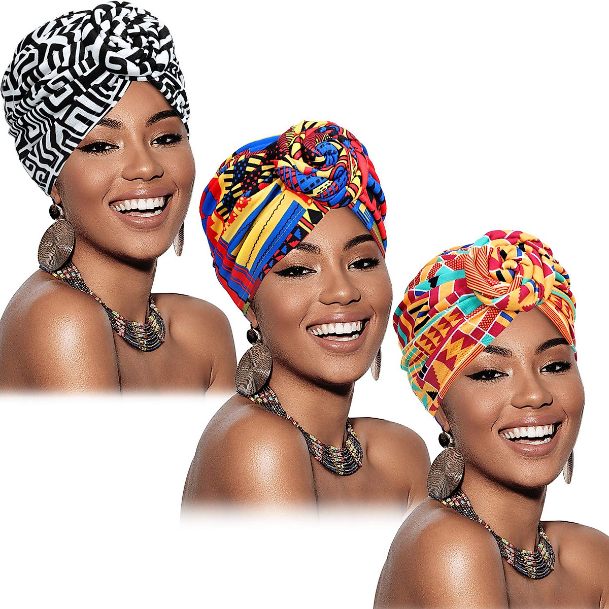 SATINIOR 3 Pieces African Turban for Women Knot Pre-Tied Bonnet Beanie Cap Headwrap (Black Orange Pink Geometry)