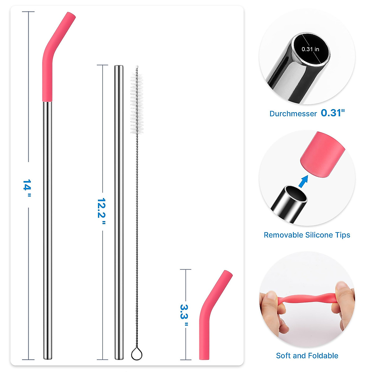 Bluwing 2 Pcs Stainless Steel Straws for 40 oz Stanley Tumbler, Replacement 40 oz Stanley Cup Straw Accessories with Silicone Tips and Cleaning Brush (Pink Dusk)