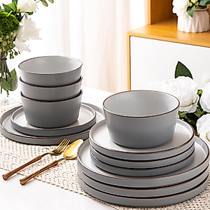 AmorArc Dinnerware Sets of 4,Modern Stoneware Plates and Bowls Sets,Chip and Crack Resistant | Dishwasher & Microwave Safe Ceramic Dishes Set,Service for 4 (12pc)-Speckled & Matte Grey