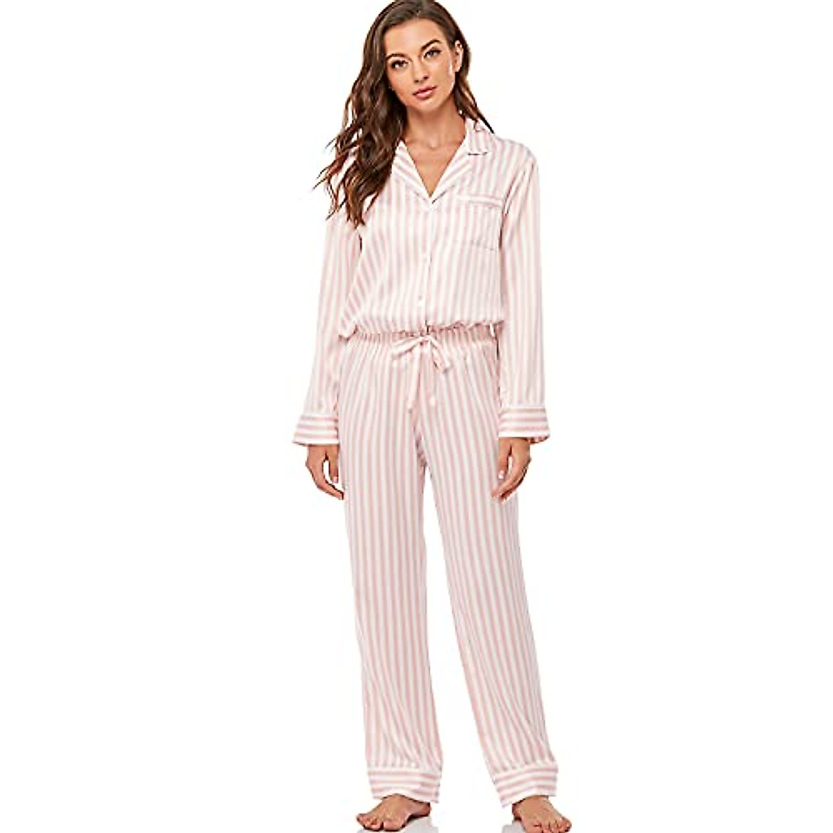 Serenedelicacy Women's Satin Pajama Set Long Sleeve Button Down Sleepwear 2-Piece Striped Silky Pj Set (Medium, Blush/Ivory, Stripe)