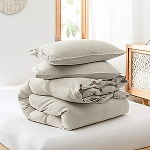 Simple&Opulence 100% Linen Duvet Cover Set, 3 Pieces Belgian Flax Breathable Bedding, 1 Comforter Cover+2 Pillowshams with Coconut Button Closure(King,Linen)