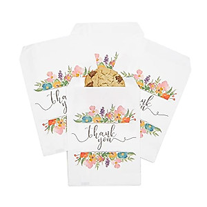 100 Pack Paper Cookie Bags, 5 x 7 Inch for Party Favors, Treats, Candy, Wedding, Individual Bag with Floral Thank You Design, Mini Gift Bags for Snacks, Goodies