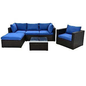 Merax Patio Furniture Sets, 6 PCS Outdoor Patio Sectional Sofa Set, All Weather PE Wicker Rattan Conversation Set with Glass Table & Cushions, Brown+Blue
