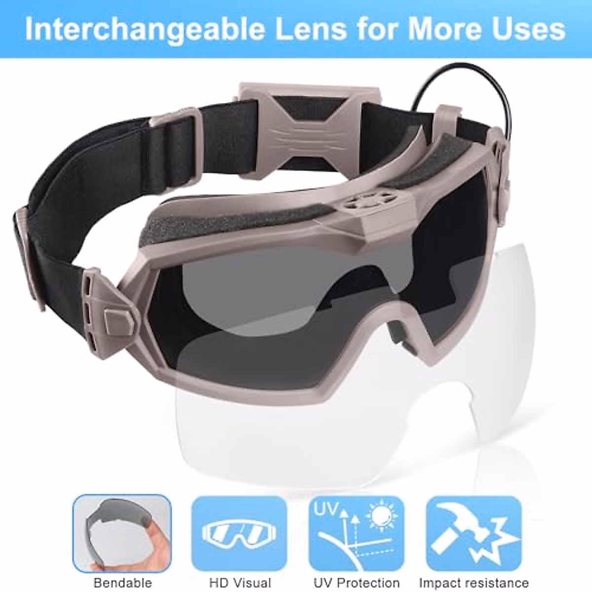 XImybst Airsoft Goggles Anti Fog, Tactical Goggles with Fan and Interchangeable Lens, Military Shooting Safety Goggles & Glasses for Cycling Paintball Hunting Motorcycle (DE)