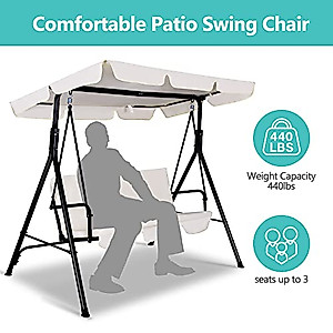 Funny Sunny Outdoor Patio Swing Chair with Canopy,3 Seater Porch Swing Chair with Adjustable Canopy and Removable Cushion for Patio Garden Poolside Balcony Backyard, White