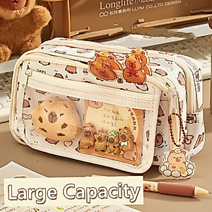 NAPIMICO Flip Top Pencil Case Cute Pencil Pouch with Kawaii Capybara Decors Makeup Bag Aesthetic Pen Holder Office Stationery (Brown)