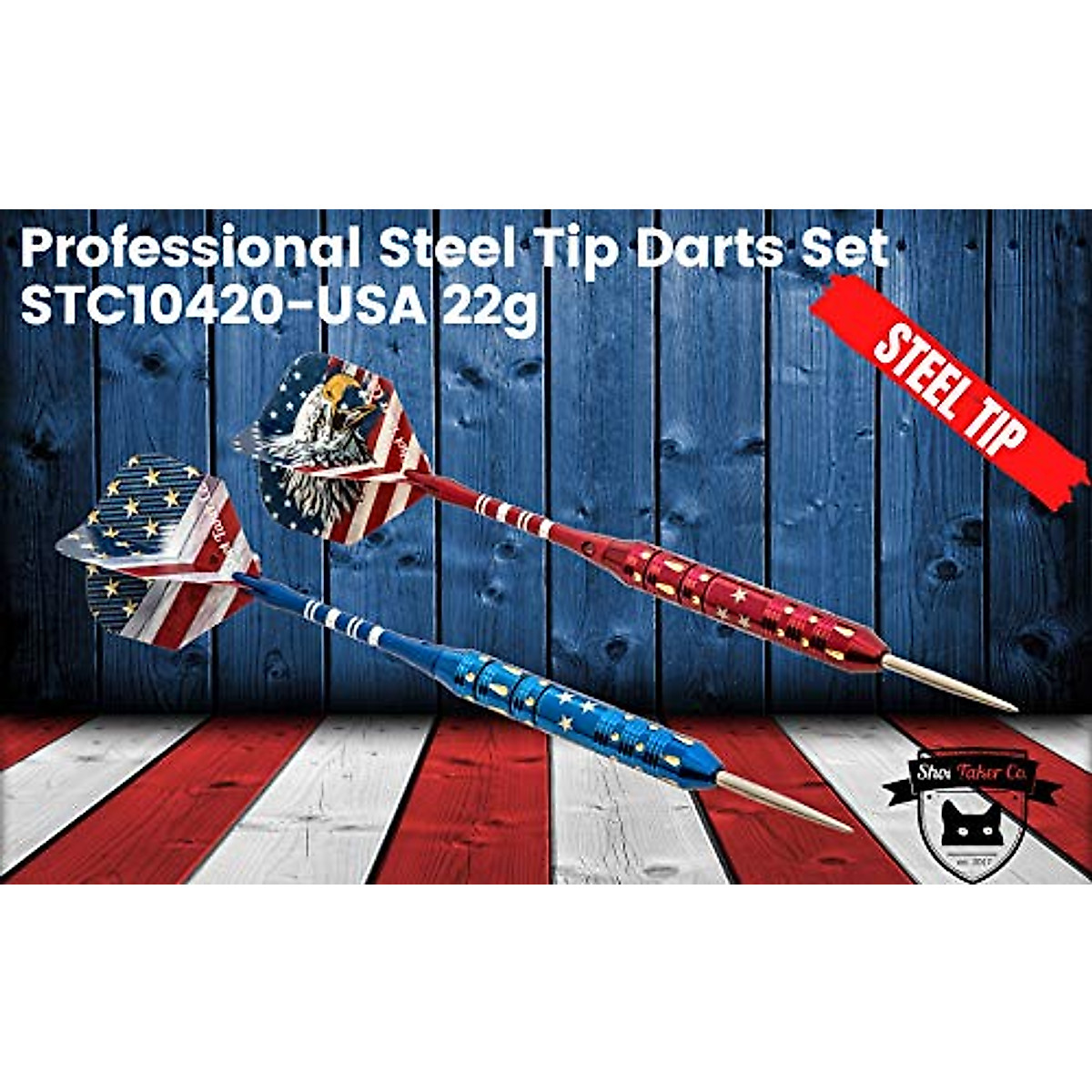 Steel Tip Darts Set - Professional Darts Steel Tip for Dartboard - Includes Brass Barrels + Plastic & Aluminum Shafts + Rubber O'Rings + Flights + Darts Sharpener + Wrench (22g- USA -STC10420)