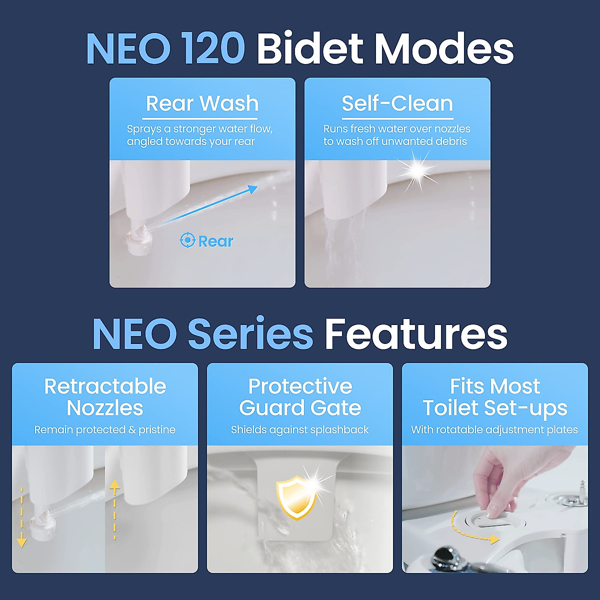 LUXE Bidet NEO 120 White Ultimate Upgrade Bundle - Self-Cleaning Non-Electric Bidet Attachment, Comfort Fit Elongated Toilet Seat, Shutoff Valve T-Adapter, and Toilet Seat Bumpers