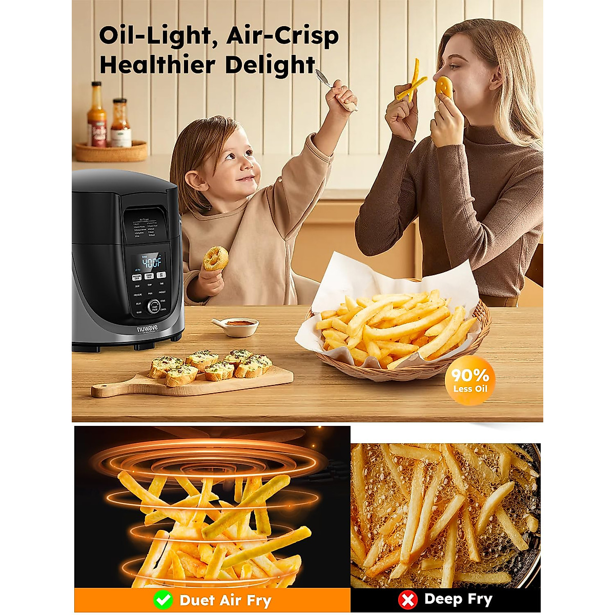 Nuwave Duet Air Fryer, Electric Pressure Cooker & Grill Combo, 540 IN 1 Multicooker with 2 Removable Lids, Slow Cook, Sears, Sautés, 18/10 SS Pot, Sure-Lock Safety Tech & 9 Deluxe Accessories