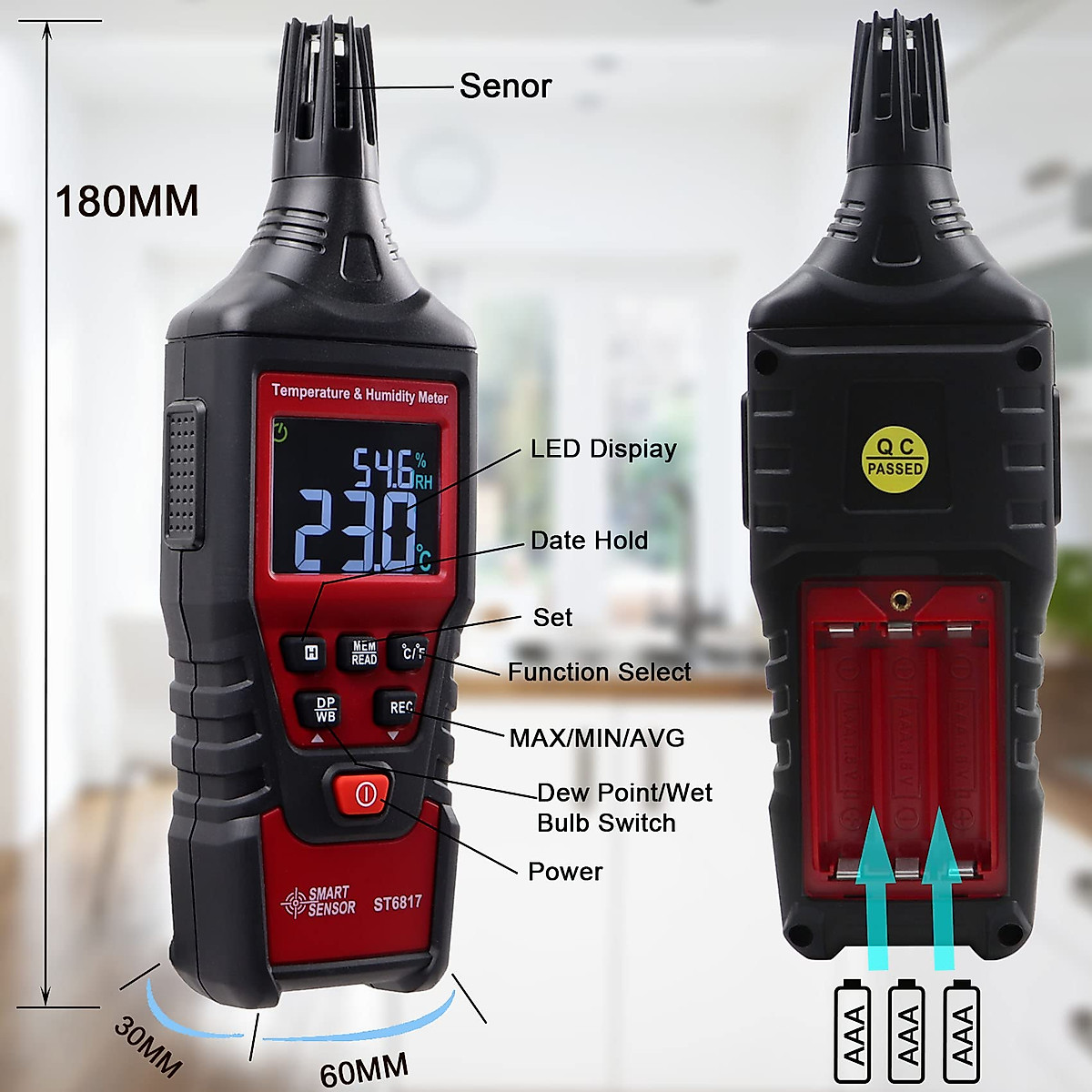 Lunarlipes ST6817 Thermometer Hygrometer, Digital Temperature Humidity Meter, Handheld Thermometer Hygrometer with Ambient, Dew Point, Wet Bulb for Outdoor and Indoor, Max/Min Hold, LCD Backlight